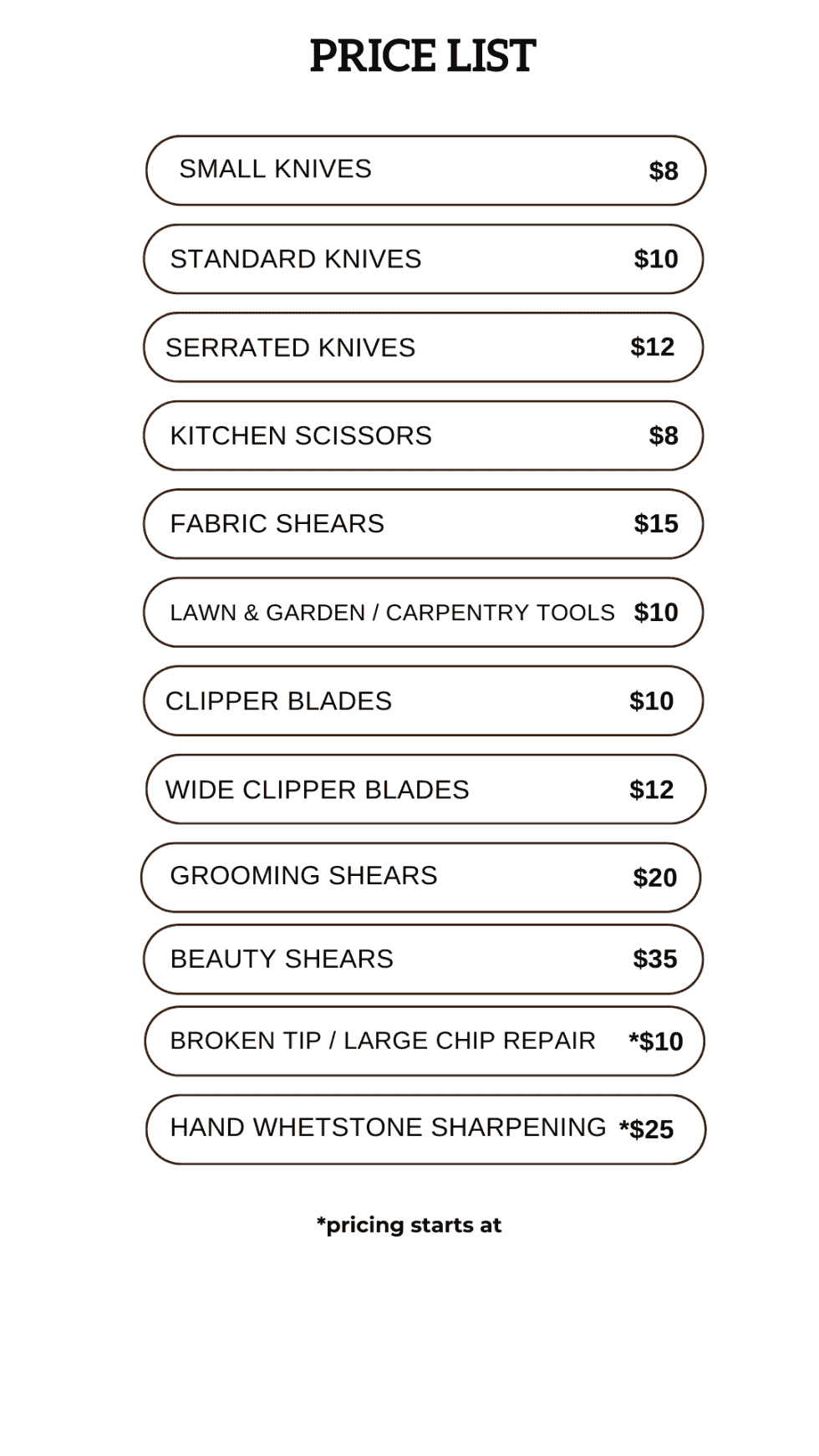Price list for sharpening services